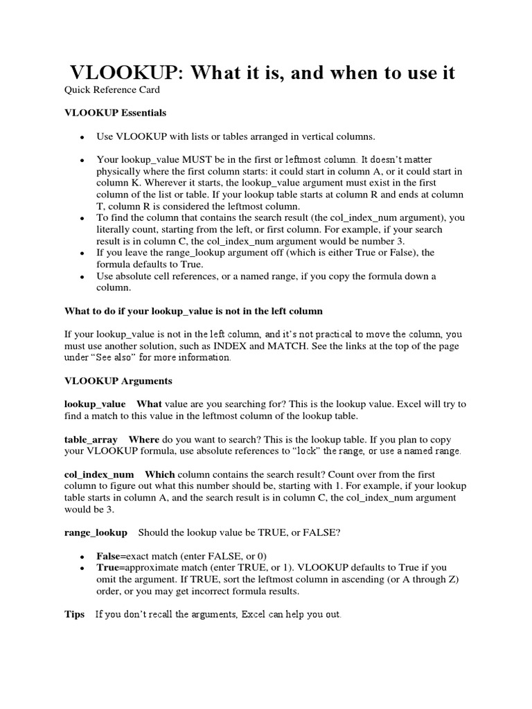 VLOOKUP - Quick Reference Card PDF | PDF | Areas Of Computer Science | Computer Data