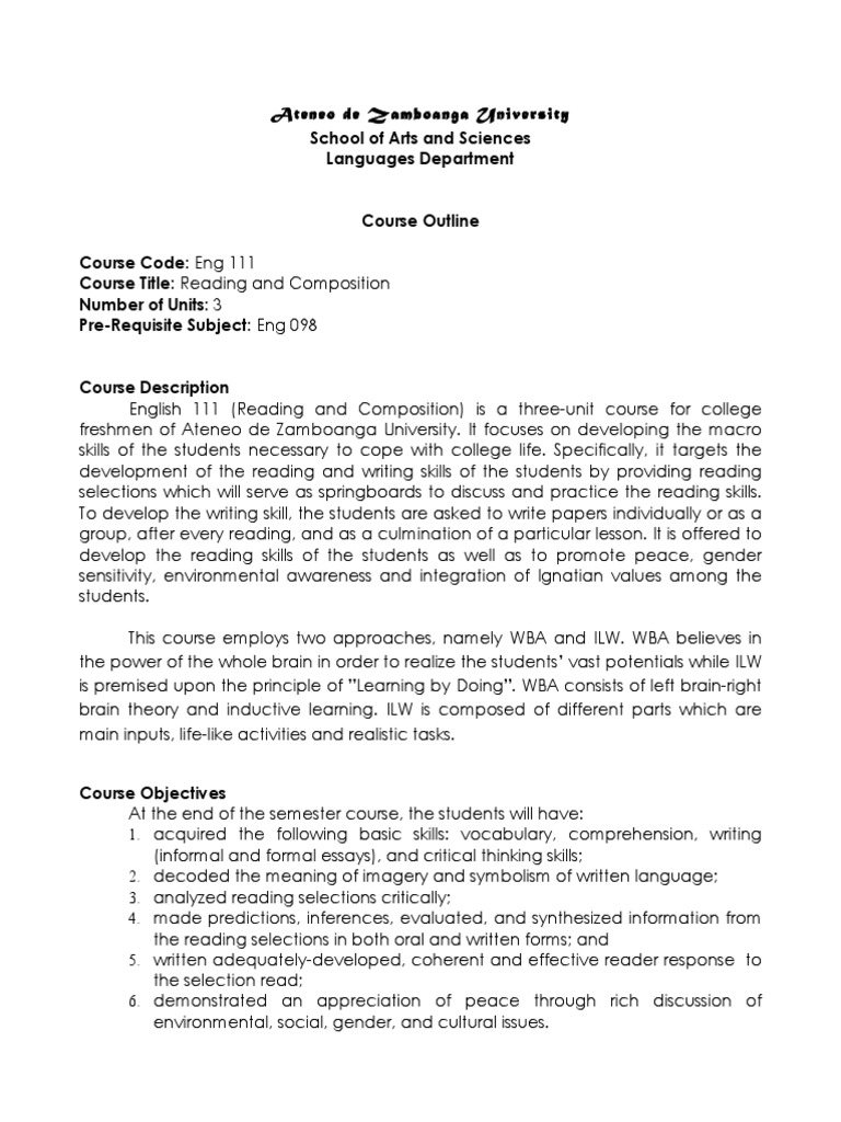 English 111 O Course Outline PDF | PDF | Reading Comprehension | Cognition
