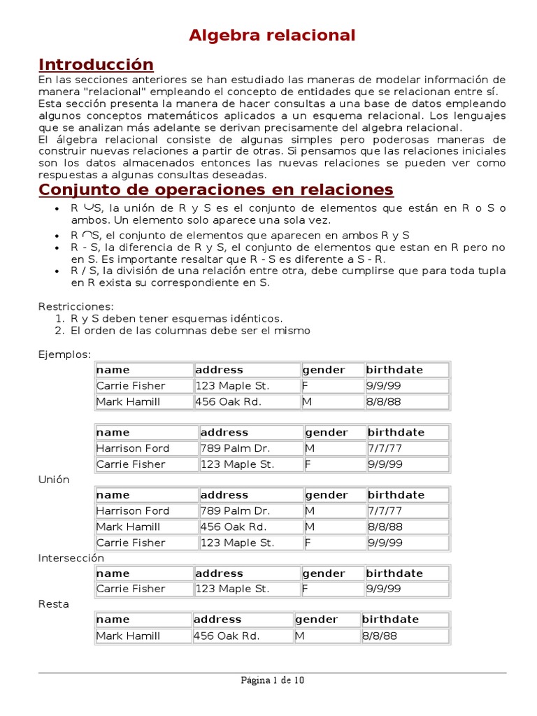 Algebra Relacional | PDF | Base de datos relacional | Bases de datos