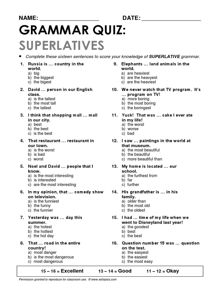 ESL - TOPICS Quiz SUPERLATIVES PDF | PDF