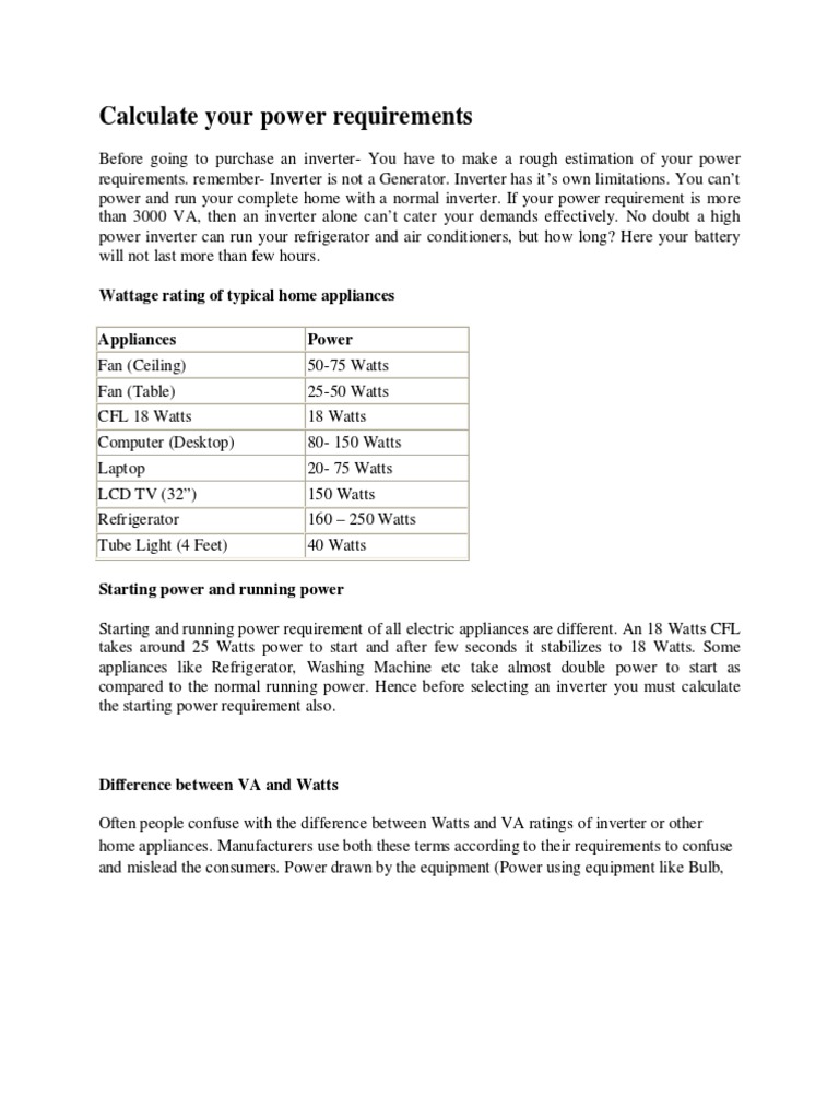 Calculate Power Requirement PDF | PDF | Power Inverter | Battery ...