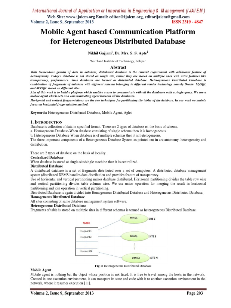 Mobile Agent Based Communication Platform For Heterogeneous Distributed Database | PDF ...