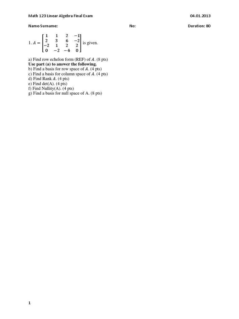 Linear Algebra Final Exam Review | PDF