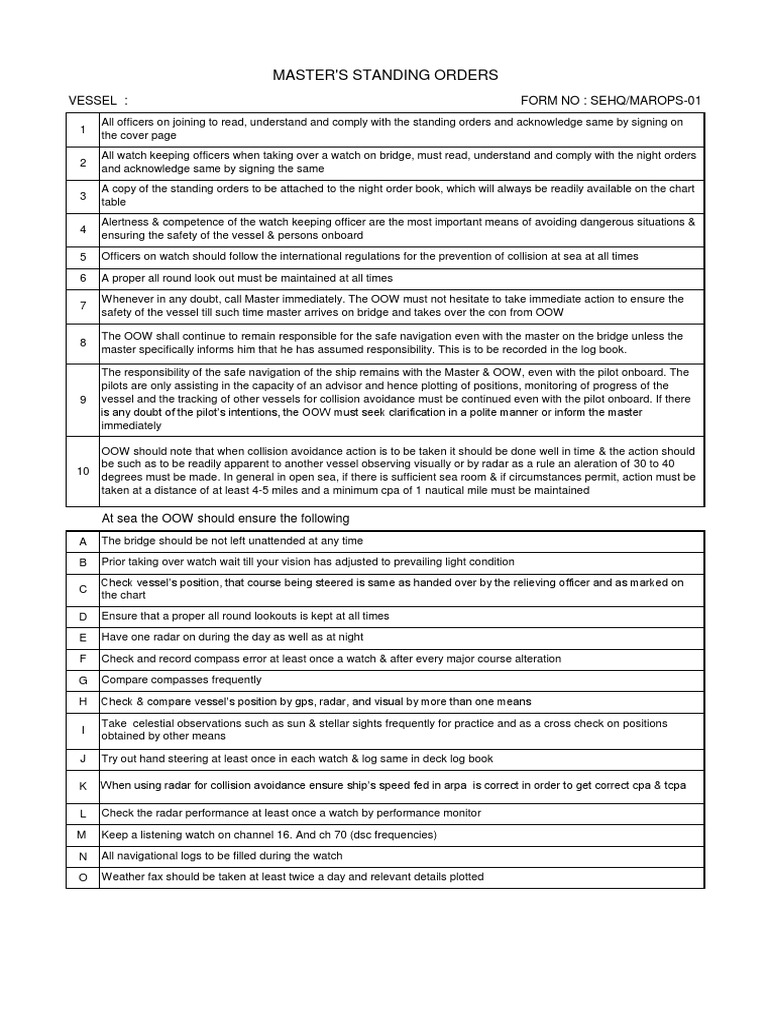 MASTER STANDING ORDERs PDF | PDF | Navigation | Water Transport