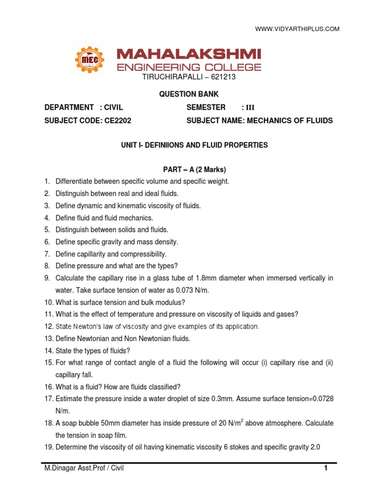 Mechanics of Fluids Question Bank PDF | PDF | Boundary Layer | Fluid Dynamics