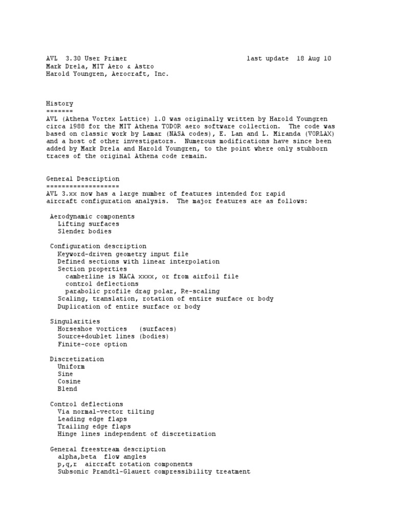 Athena Vortex Lattice (AVL) User Guide | PDF | Airfoil | Lift (Force)