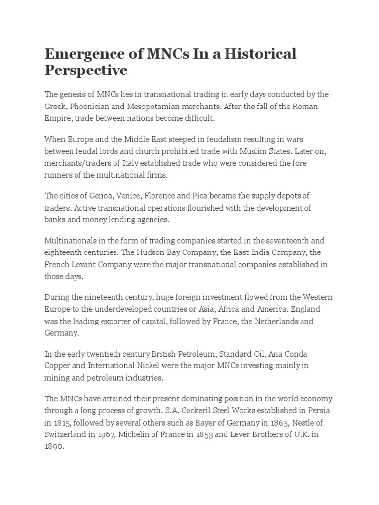 Emergence of MNCs in A Historical Perspective | PDF | Multinational ...