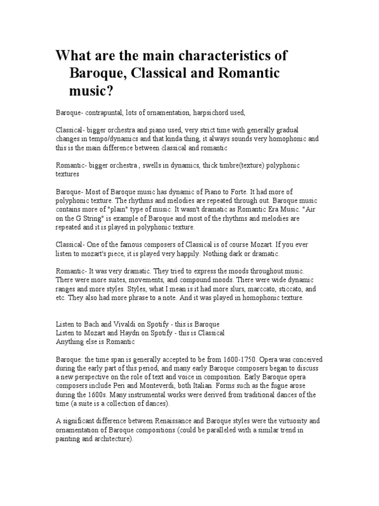 Characteristics of Baroque, Classical, Romantic | PDF | Classical Music ...