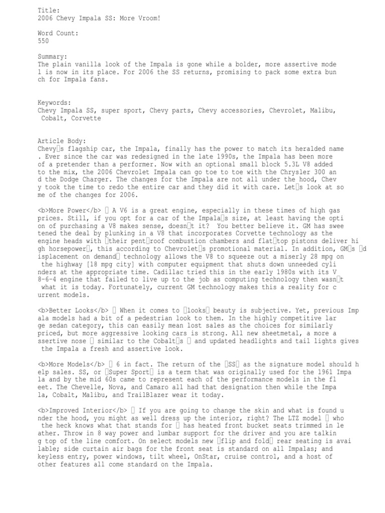 2006 Chevy Impala SS More Vroom | PDF | Technology & Engineering