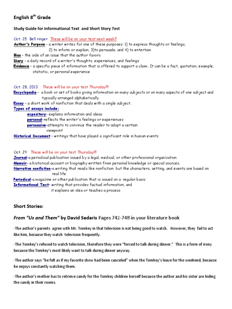 8th Grade Informational Text Study Guide | PDF | Non Fiction ...