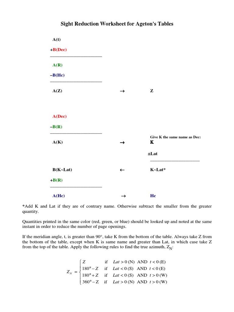 Sight Reduction Worksheet For Ageton's Tables: B (Dec) | PDF