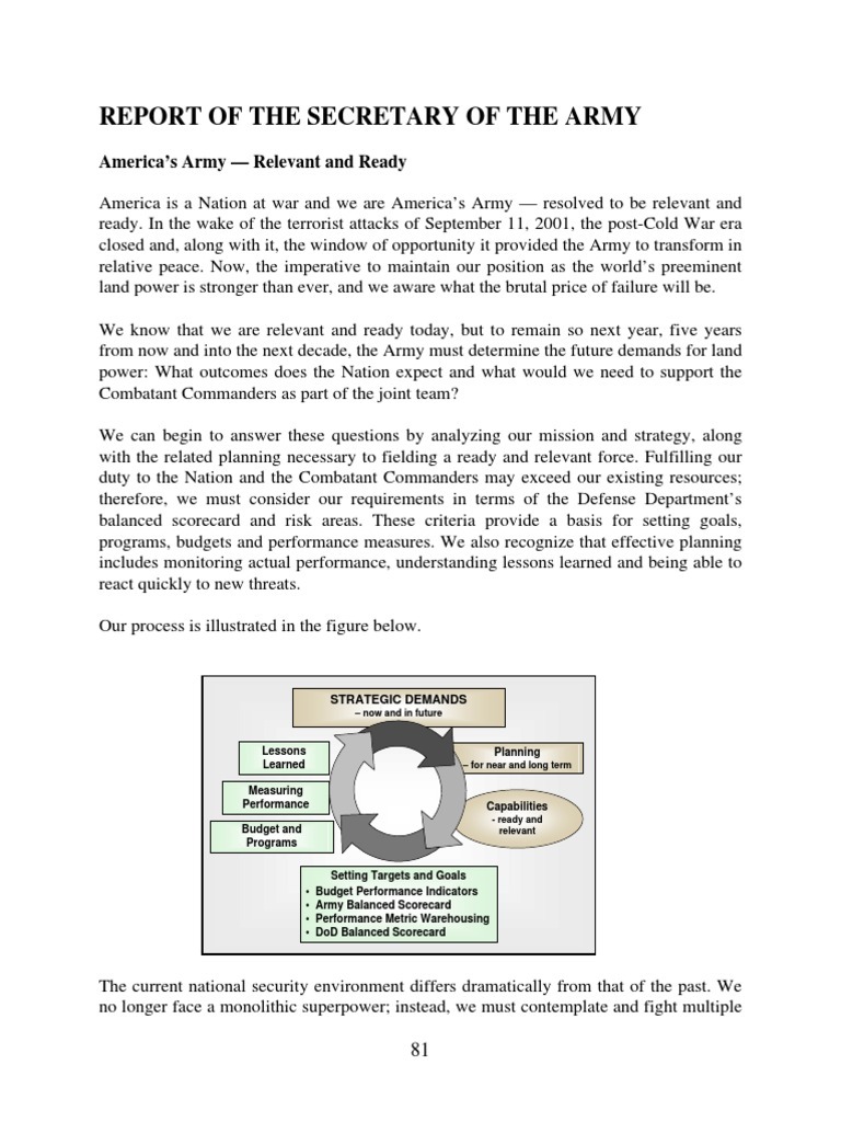 Report of The Secretary of The Army: America's Army - Relevant and ...