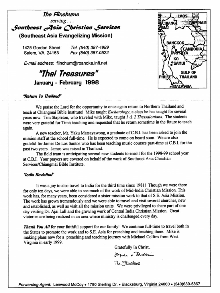 Flinchum Mike Debbie 1998 Thailand PDF | PDF | Christian Mission | Thailand