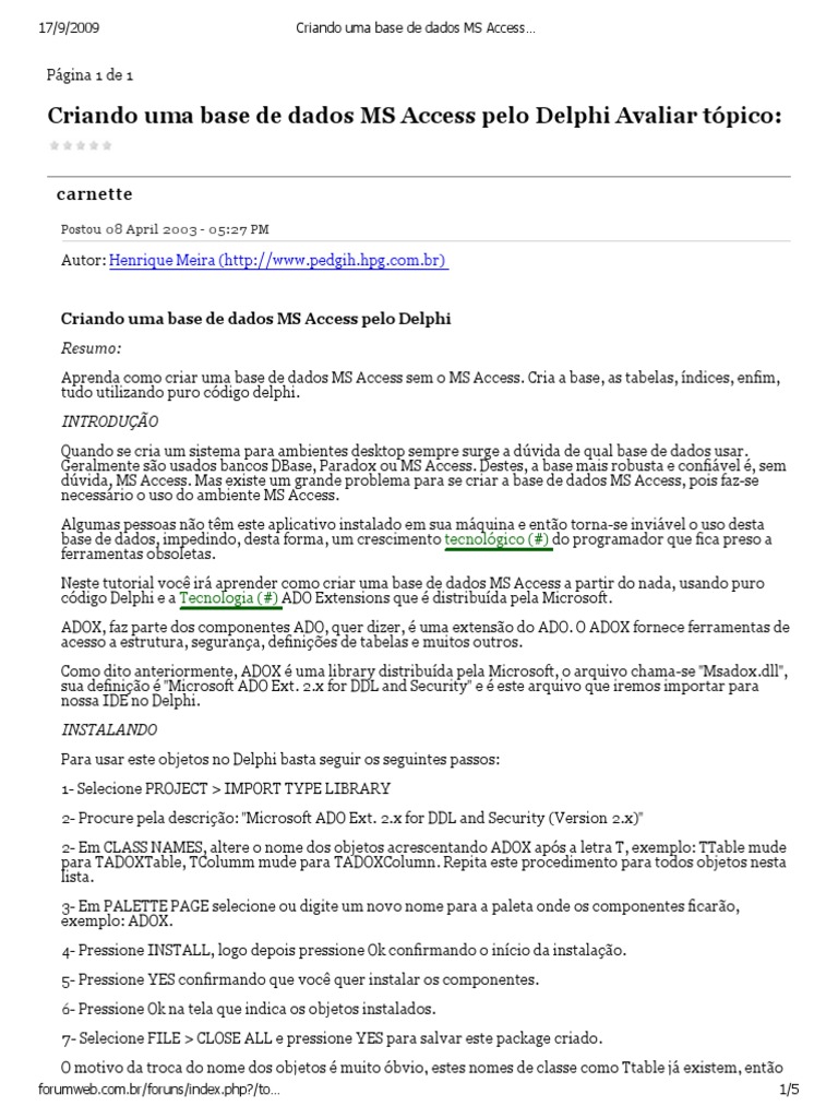 Criando Uma Base de Dados MS Access Pelo Delphi - FórumWEB PDF | PDF ...