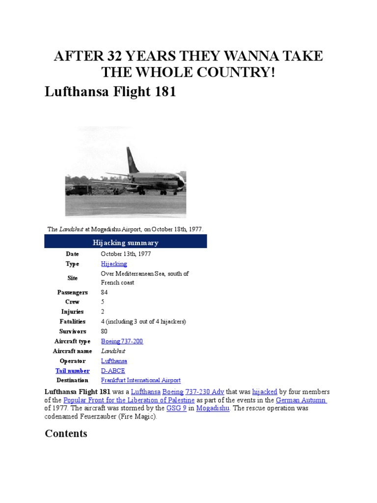 Mogadishu ( Oct 18, 1977) Lufthansa Flight 181 | Aviation | Violence
