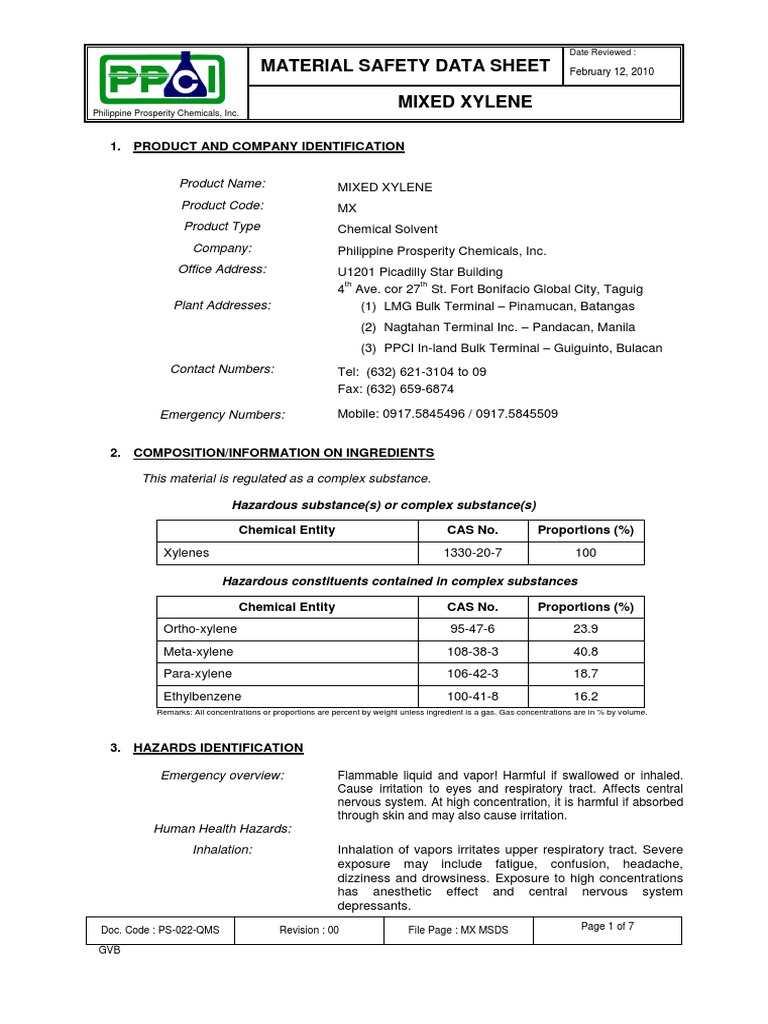 Material Safety Data Sheet Mixed Xylene: 1. Product and Company ...