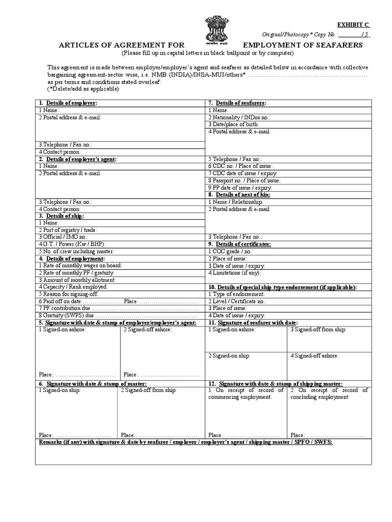 Articles of Agreement For Employment of Seafarers: Original/Photocopy ...
