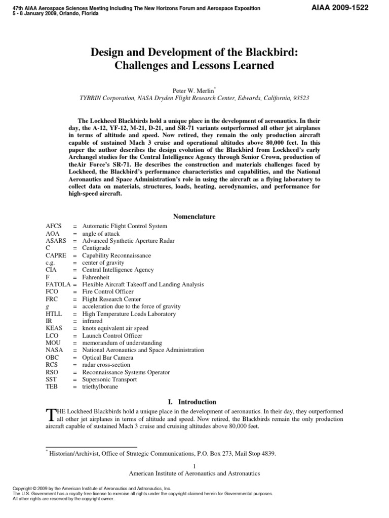 NASA SR-71 Blackbird Challenges and Lessons Learned 2009 | PDF ...