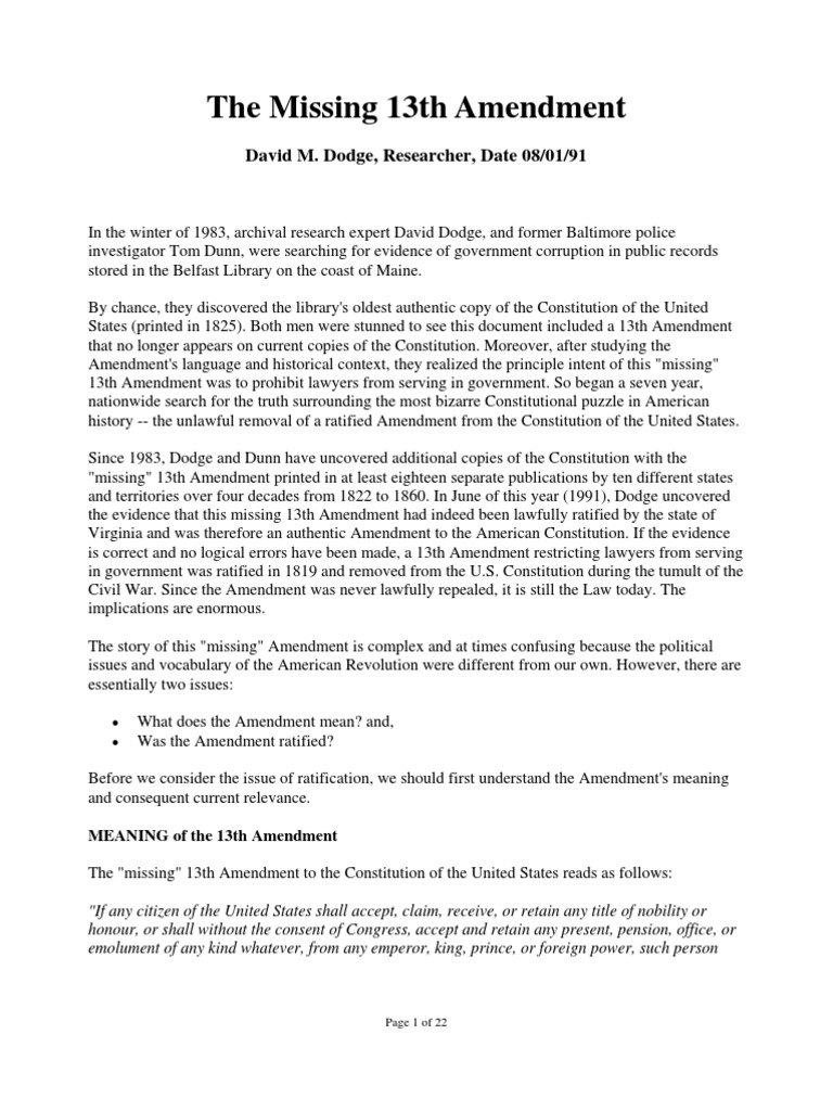 The Missing 13th Amendment Explained | PDF | Ratification | United ...