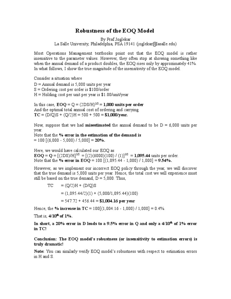 EOQ Model Robustness Analysis | PDF