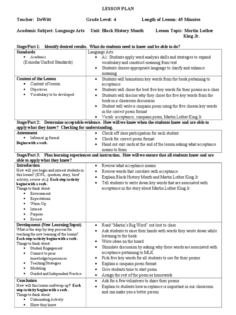 Martin Luther King Lesson Plan | PDF | Lesson Plan | Educational Psychology