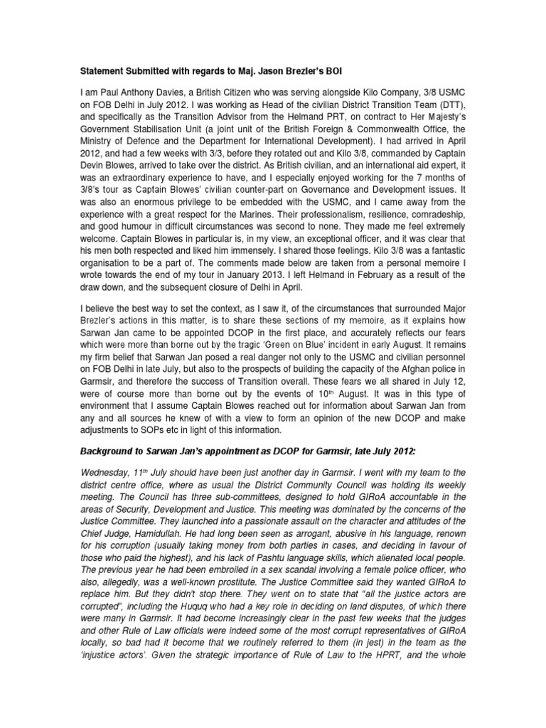 Paul Davies Statement On Behalf of Marine Maj. Jason Brezler | PDF ...
