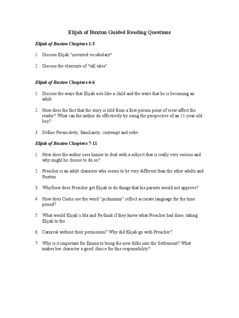 Elijah of Buxton Guided Questions | PDF | Elijah