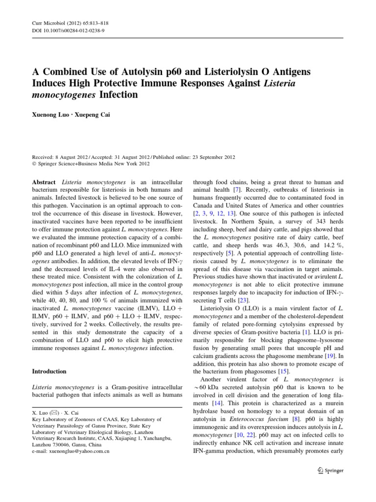 A Combined Use of Autolysin p60 and Listeriolysin O Antigens Induces ...