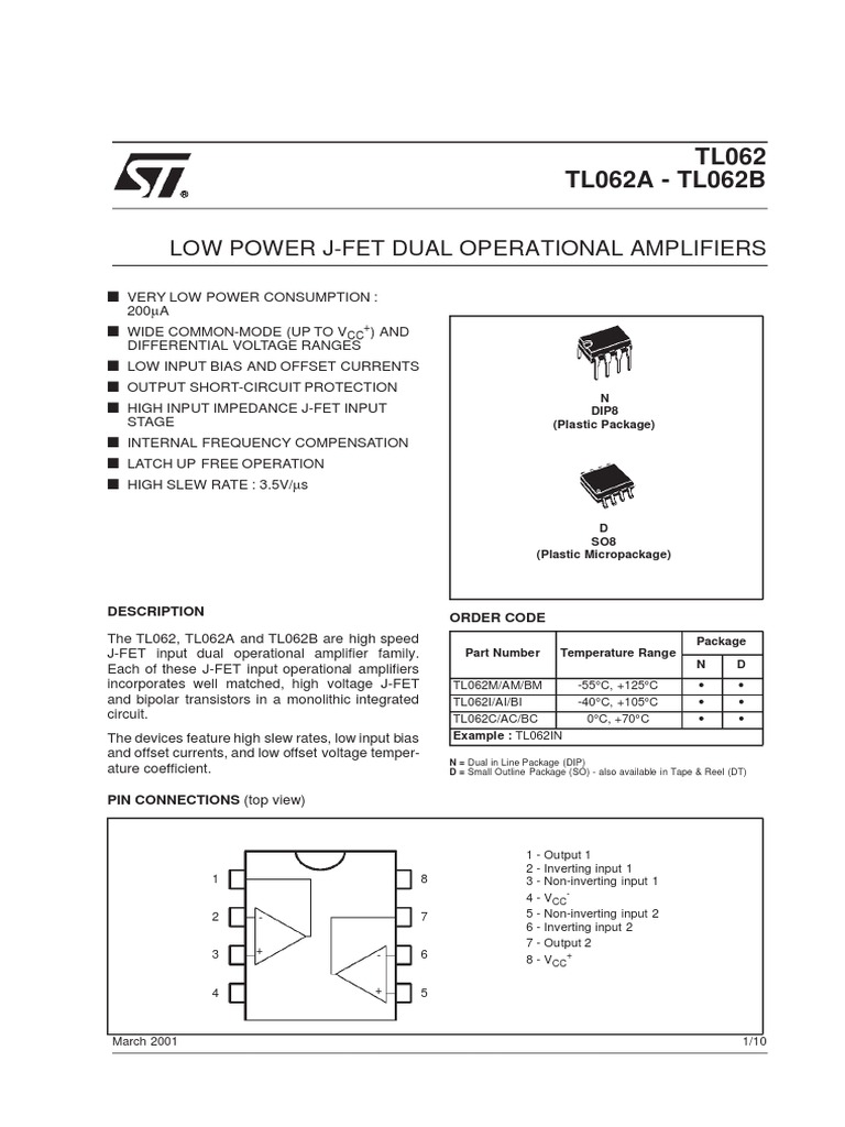 Low Power J-Fet Dual Operational Amplifiers: TL062 TL062A - TL062B | PDF | Amplifier ...