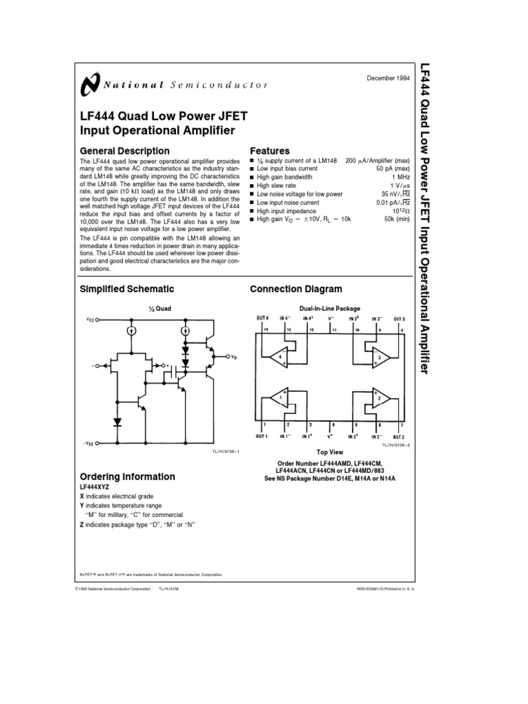 LF444 Quad Low Power JFET Input Operational Amplifier: General ...