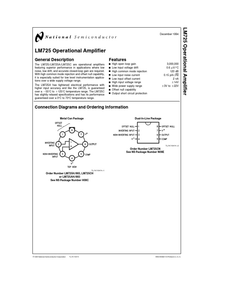 LM725 Operational Amplifier: General Description Features | PDF ...