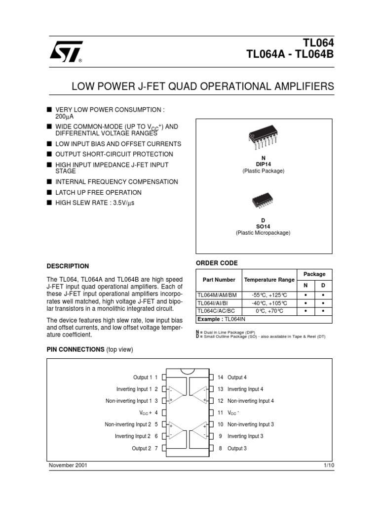 Low Power J-Fet Quad Operational Amplifiers: TL064 TL064A - TL064B | PDF | Amplifier ...