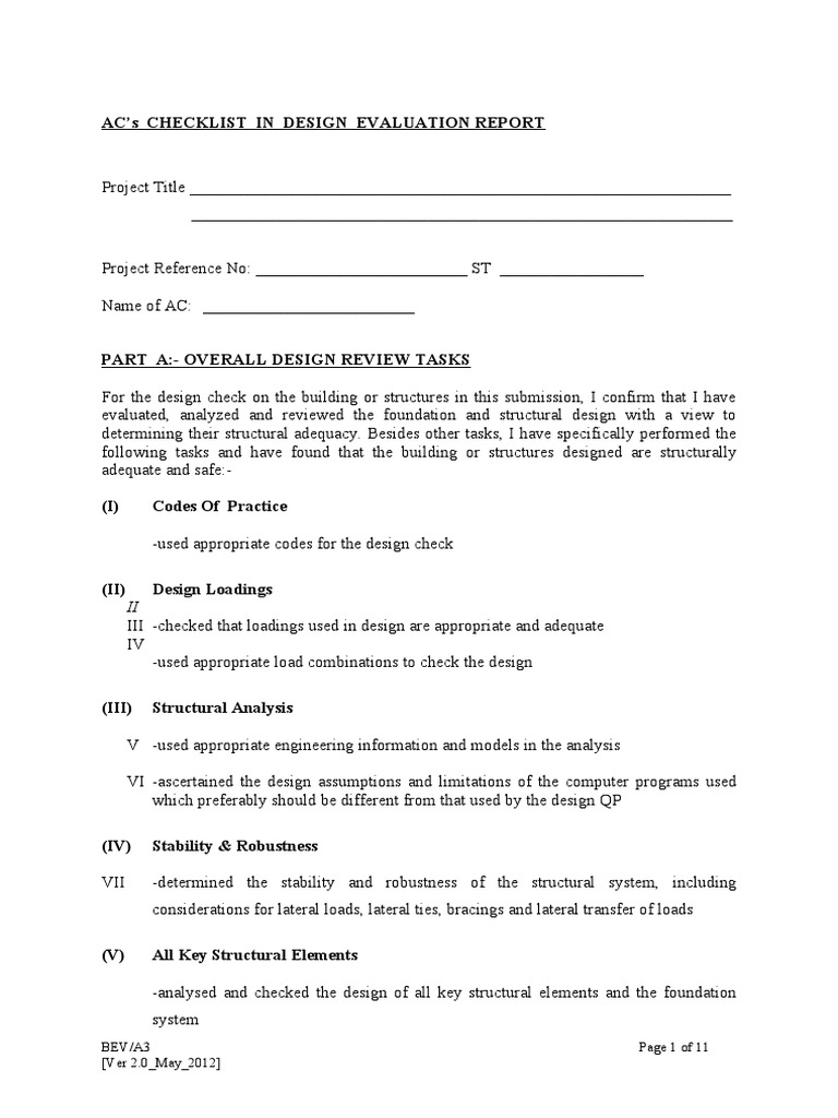 Ac'S Checklist in Design Evaluation Report: BEV/A3 Page 1 of 11 (Ver 2. ...