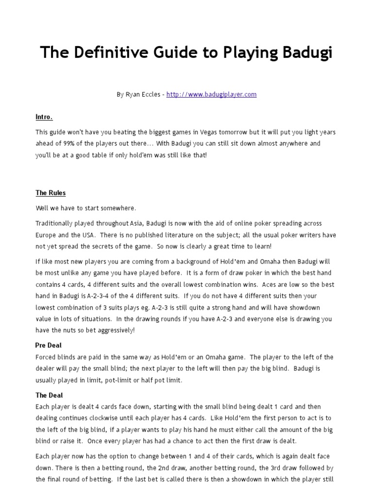 Badugi Poker - The Definitive Guide | PDF | Betting In Poker | Poker