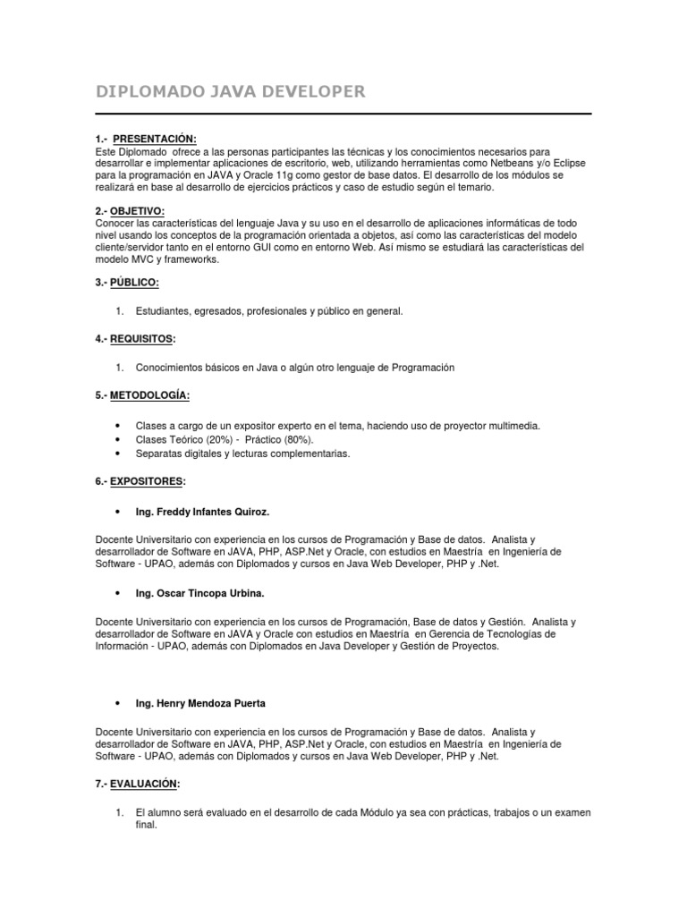 Diplomado Java Developer | PDF | Páginas del servidor Java | Java (lenguaje de programación)