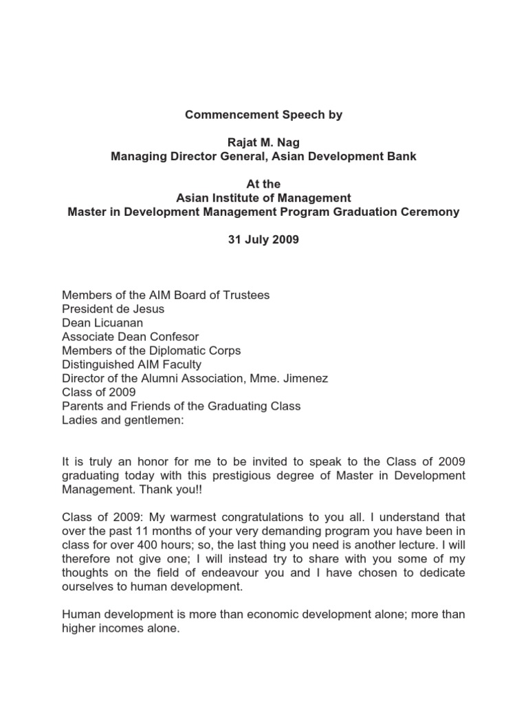 Commencement Speech by Rajat M. Nag Managing Director General, Asian ...