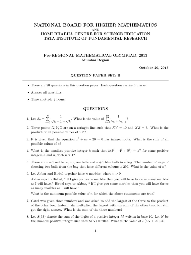 Pre Rmo 2013 Question Paper Set B PDF | PDF | Teaching Methods & Materials