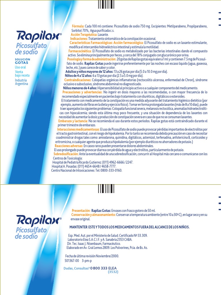 Laxante Picosulfato de Sodio: Rapilax Gotas | PDF | Medicamentos con ...