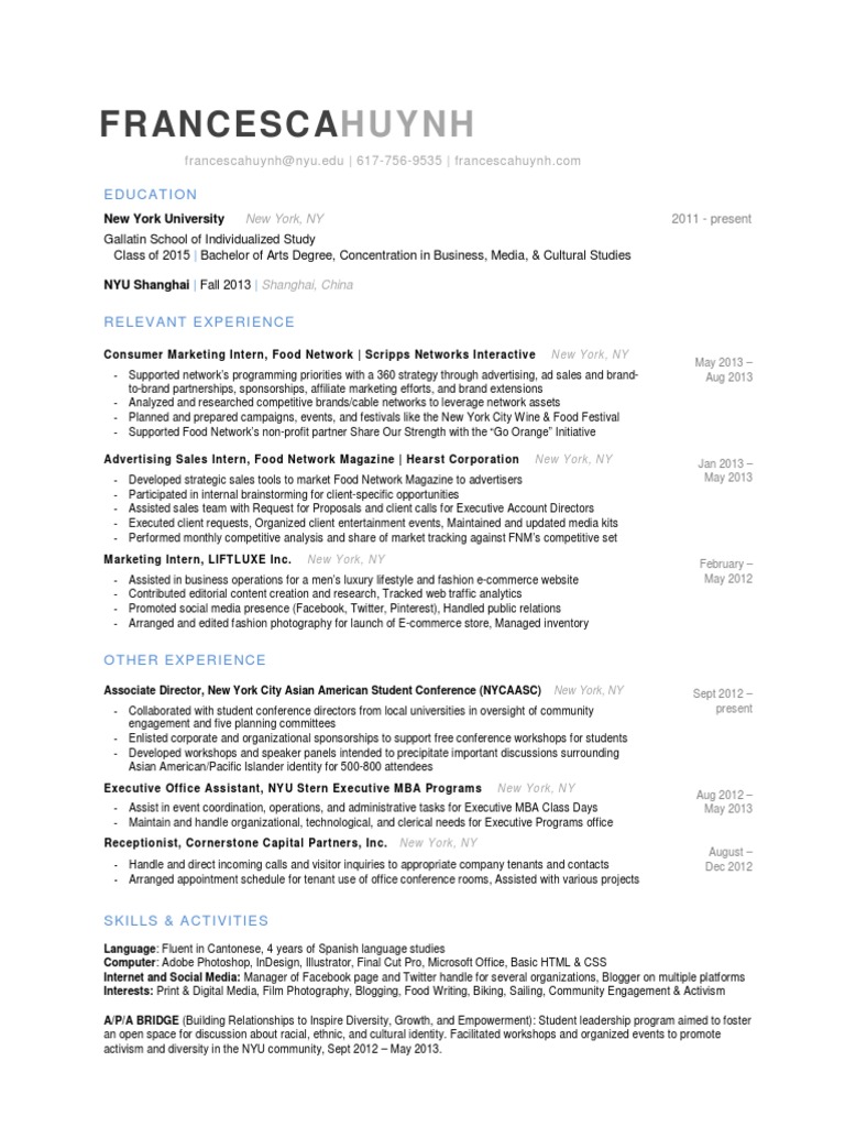 Huynh Francesca Resume PDF | PDF | New York City | Advertising