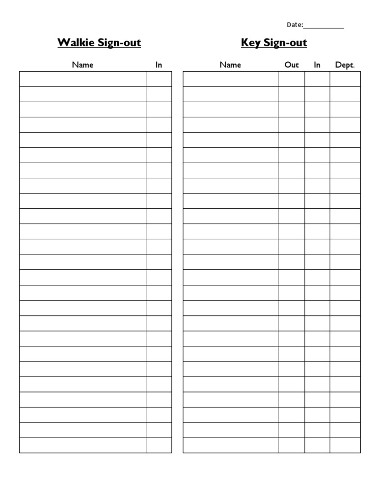 Walkie Sign-Out Key Sign-Out: Name in Name Out in Dept | PDF | Business ...