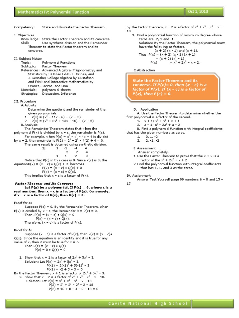 Polynomial Function Factor Theorem Pdf Polynomial Theorem 3382