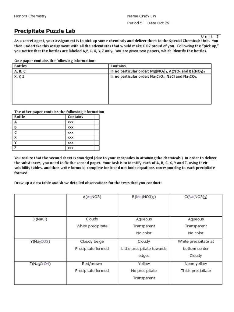 Precipitate Identification Lab Report | PDF | Aqueous Solution ...