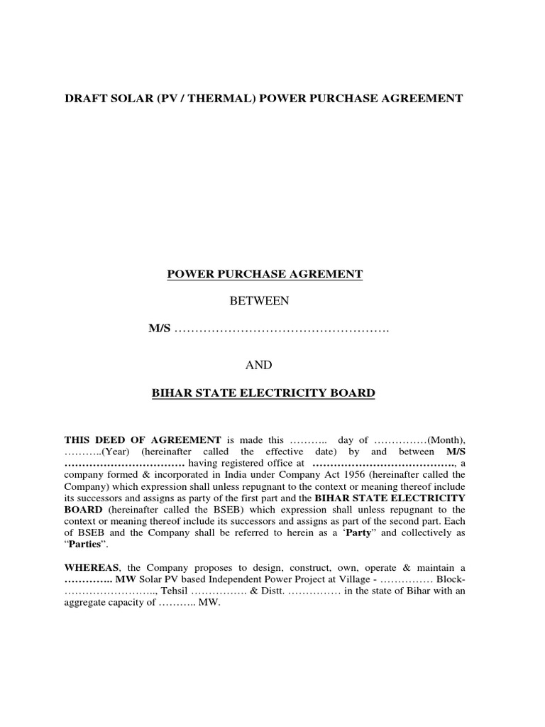 Power Purchase Agreement Template