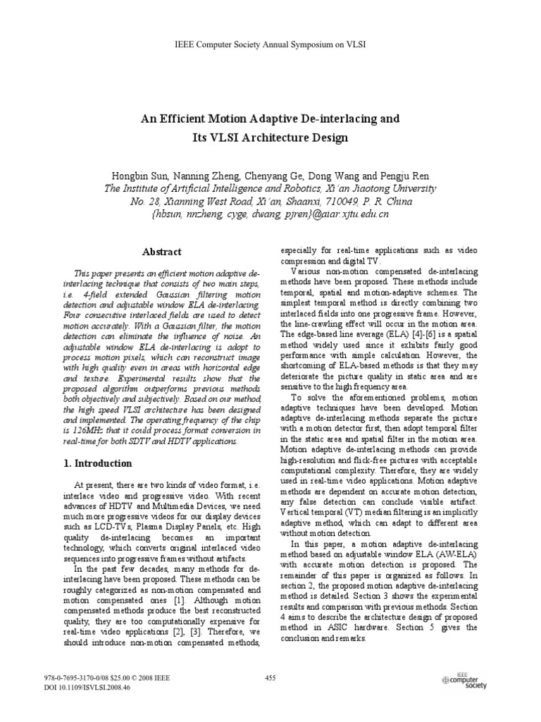 An Efficient Motion Adaptive De Interlacing And Pdf Video Display Technology