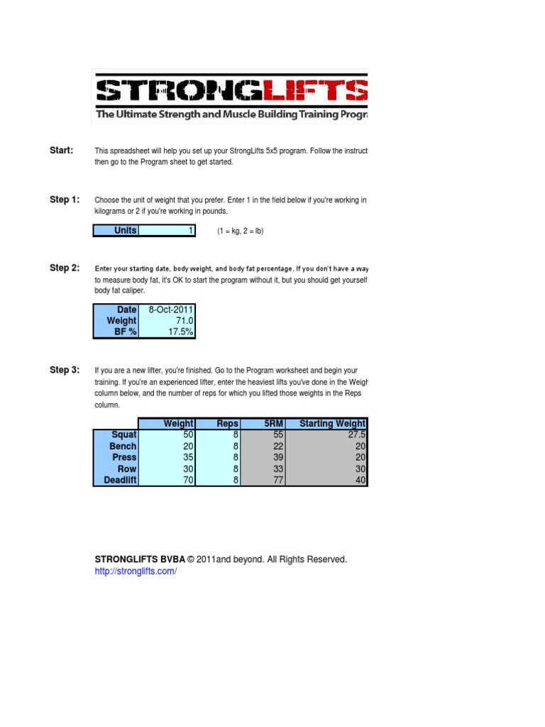 StrongLifts 5x5 Tracker Sheet | PDF | Recreation | Sports