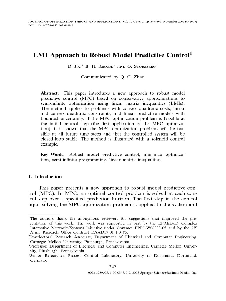 Lmi Approach To Robust Model Predictive Control Abstract Pdf