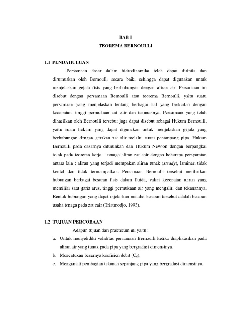 Bab 1 (Bernoulli) .Docx Persamaan Bernoulli Kelompok 5 Fakultas Teknik UNTAN Prodi Teknik ...
