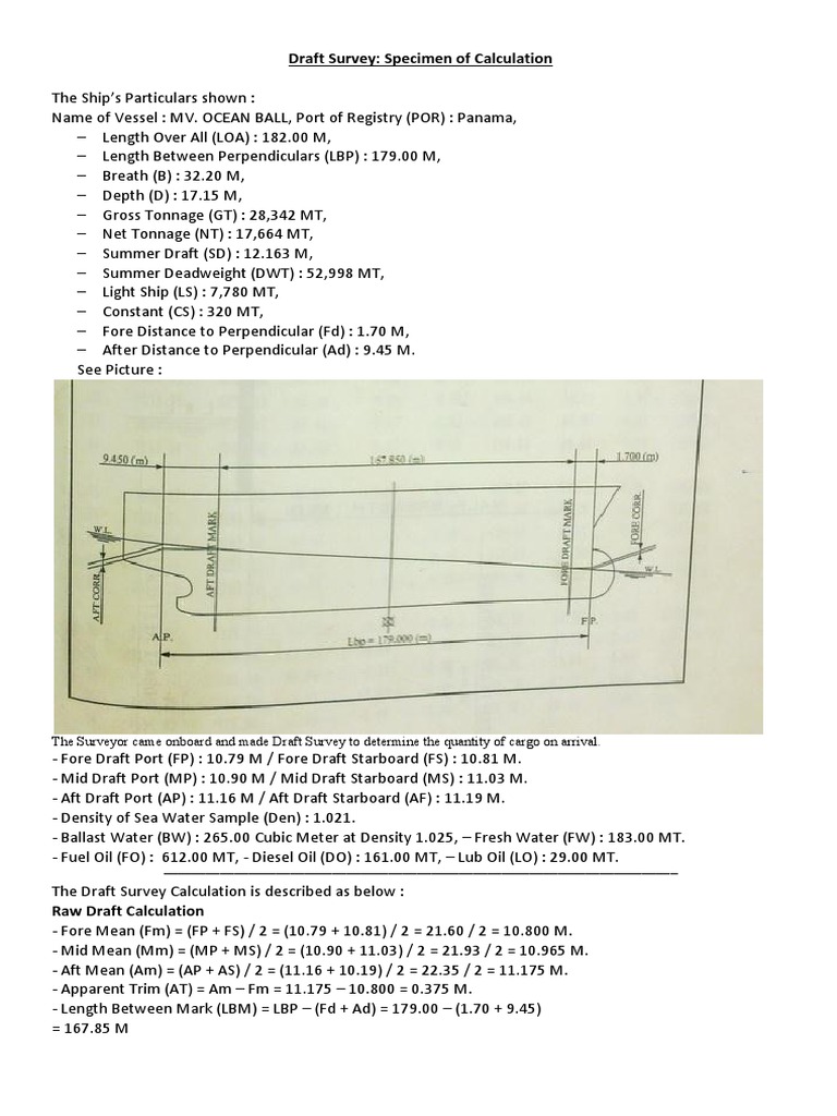Draft Survey Calculation Example | PDF | Tonnage | Ships