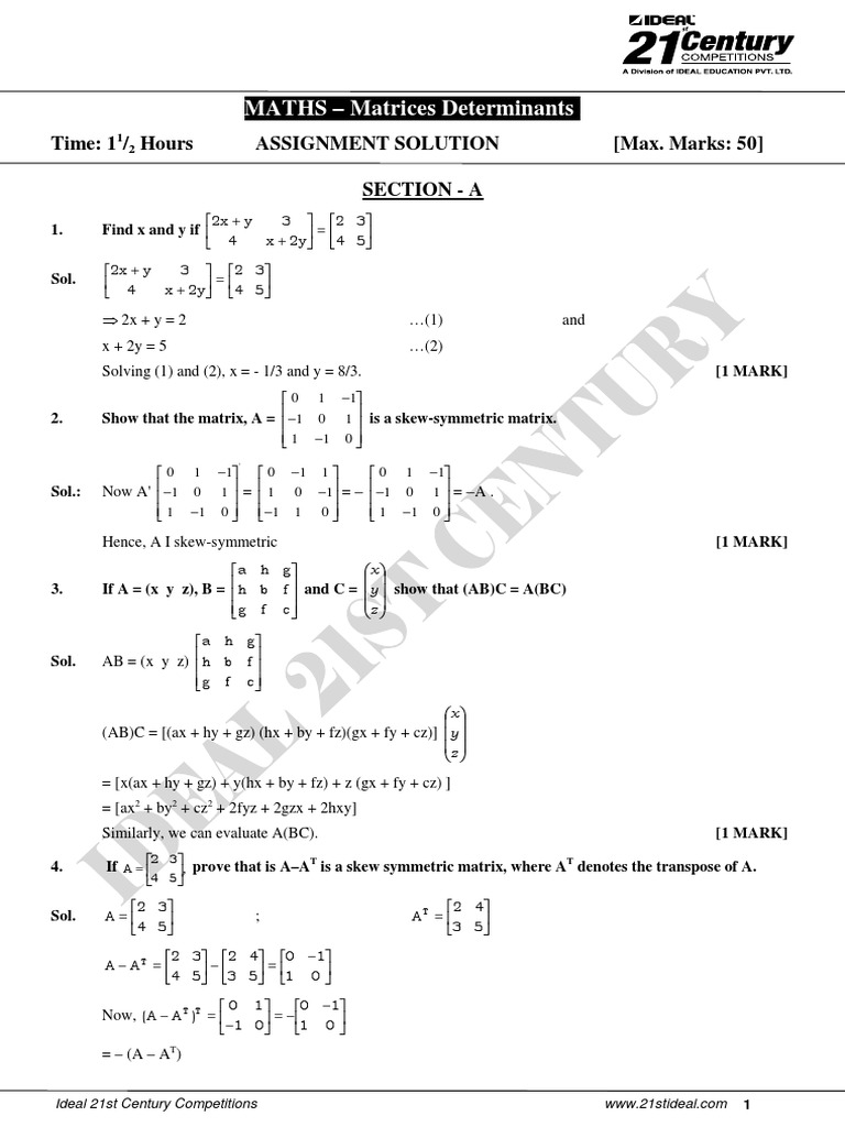 Online Solution of Assignment of Maths On Matrices and Determinants PDF ...