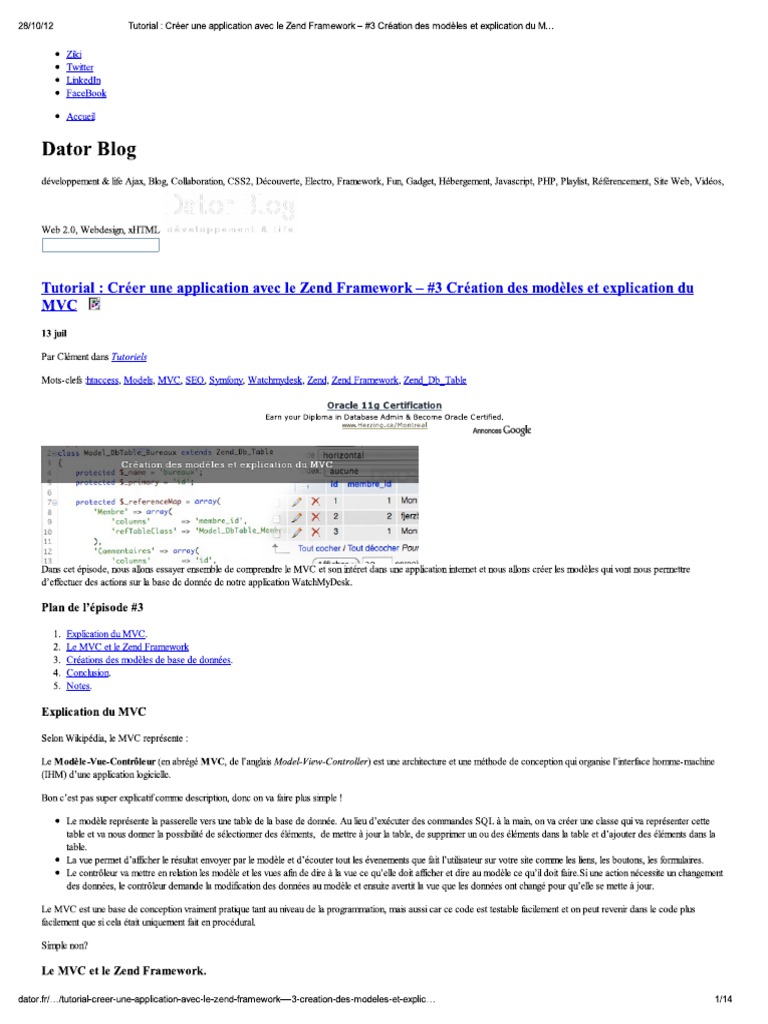 Tutorial - Créer Une Application Avec Le Zend Framework - #3 Création Des Modèles Et Explication ...